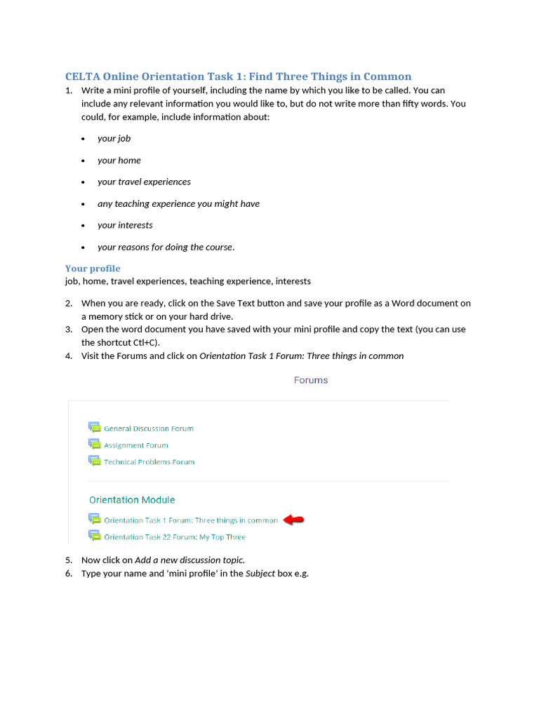 CELTA Online Orientation Task 1 - Find Three Things in Common | PDF
