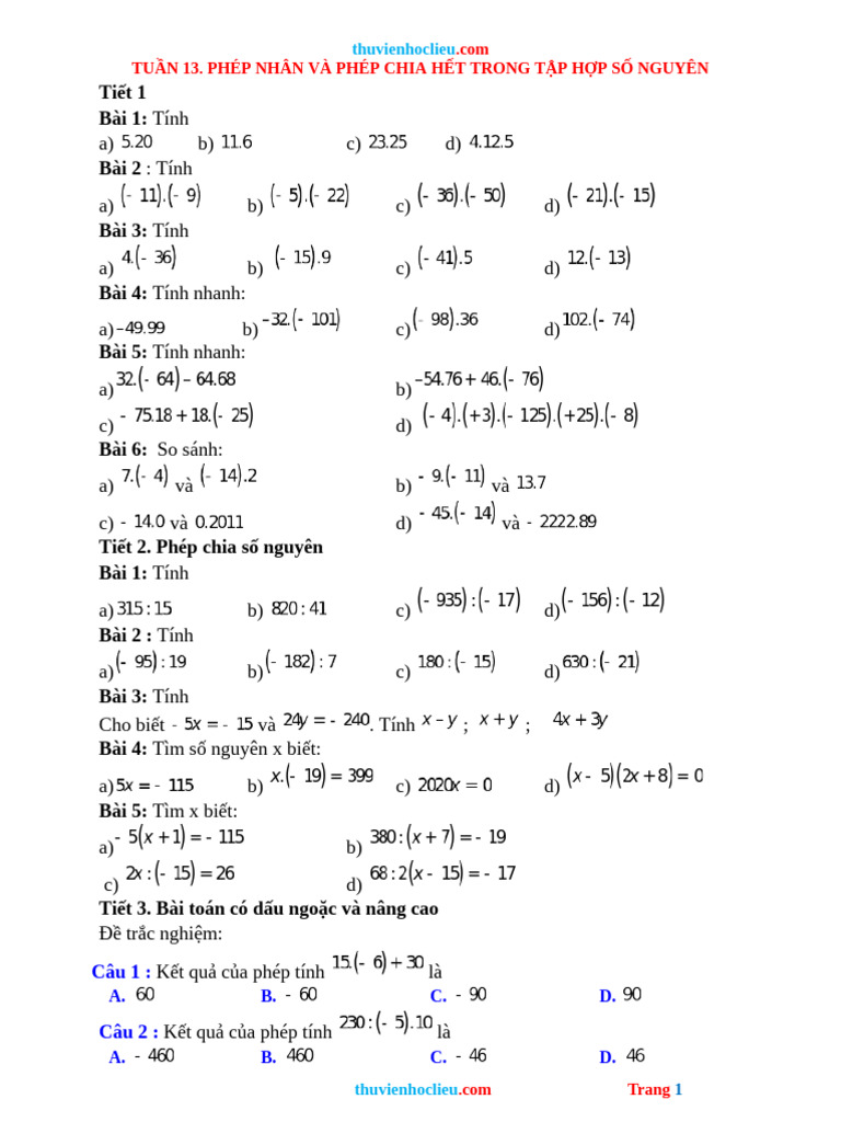 Bai Tap Toan 6 KNTT Tuan 13 Phep Nhan Va Phep Chia Het Trong Tap Hop So ...