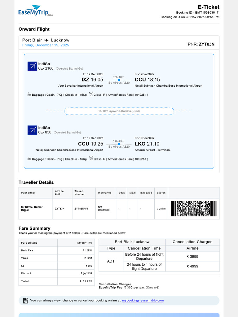 EaseMyTrip Flight E-Ticket For Flights | PDF | Travel Visa