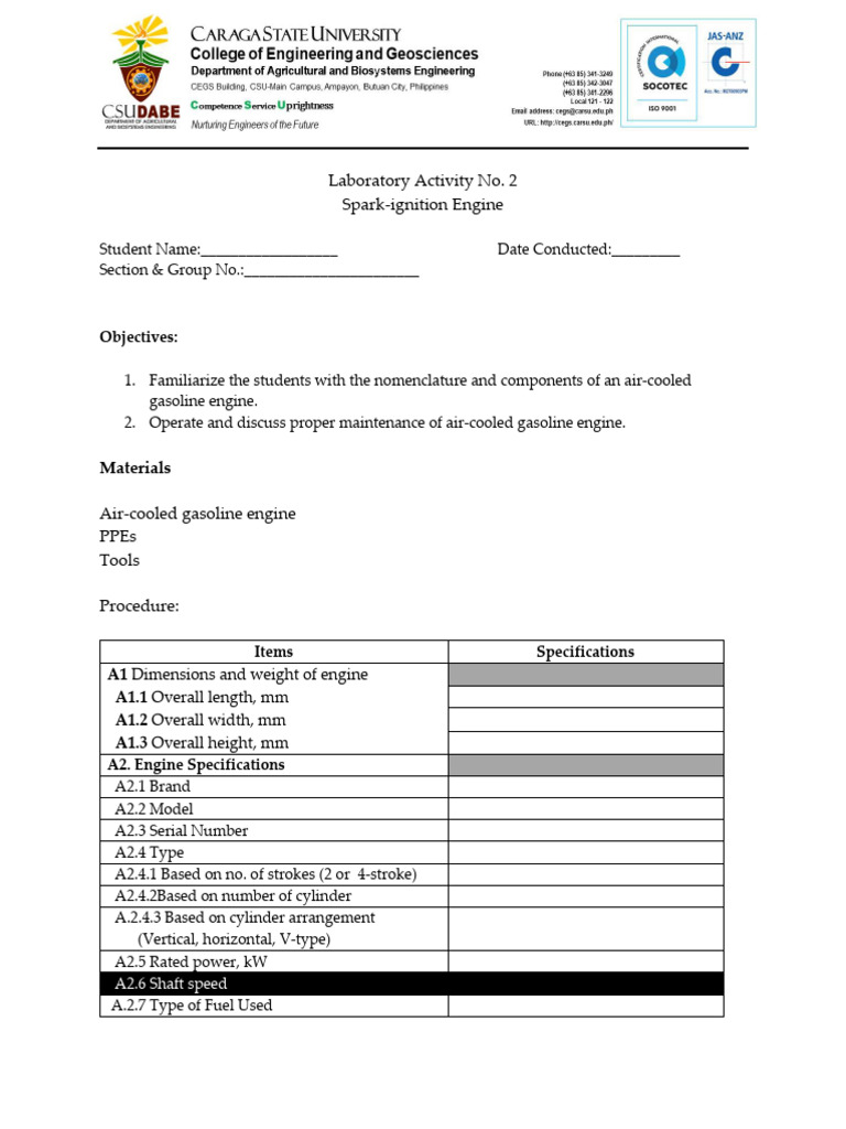 Spark-Ignition Engine Lab Activity | PDF