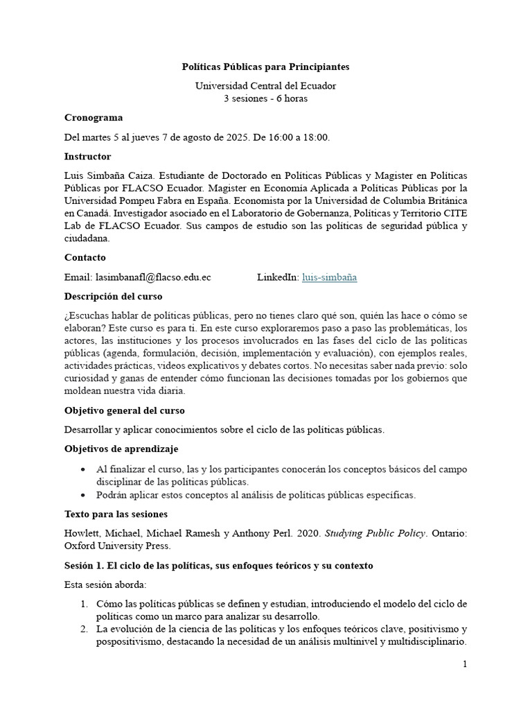 Sílabo Intro Políticas Públicas_ago2025_UCE (2) | PDF | Educación en ...