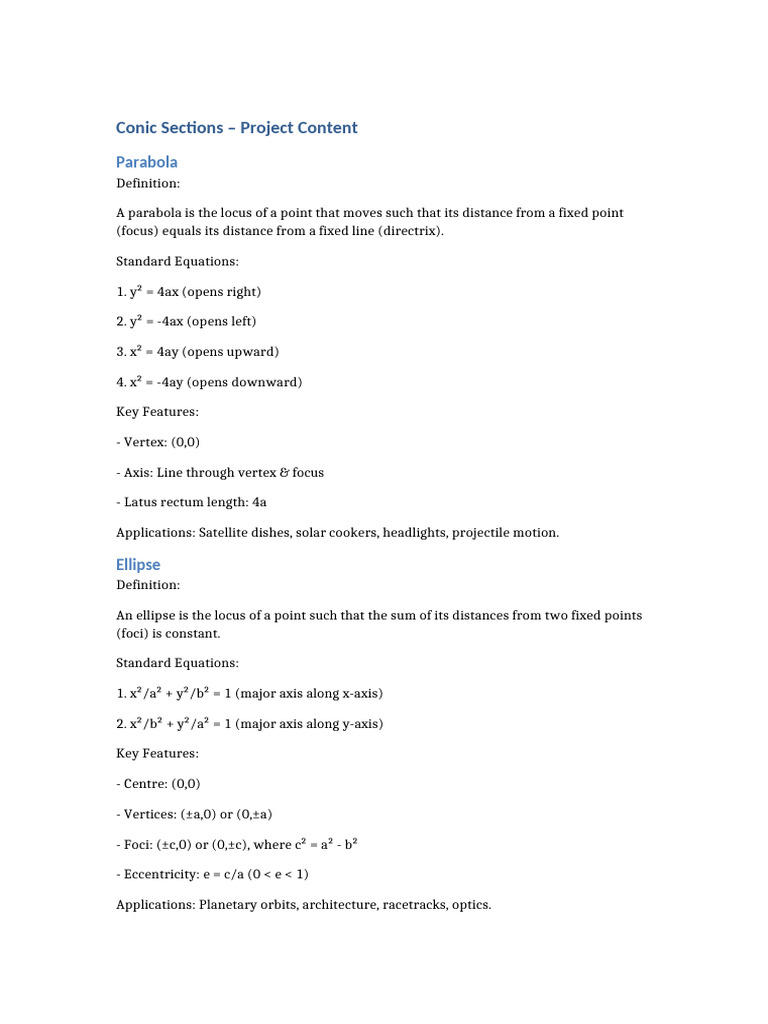 Conic Sections Project Content | PDF
