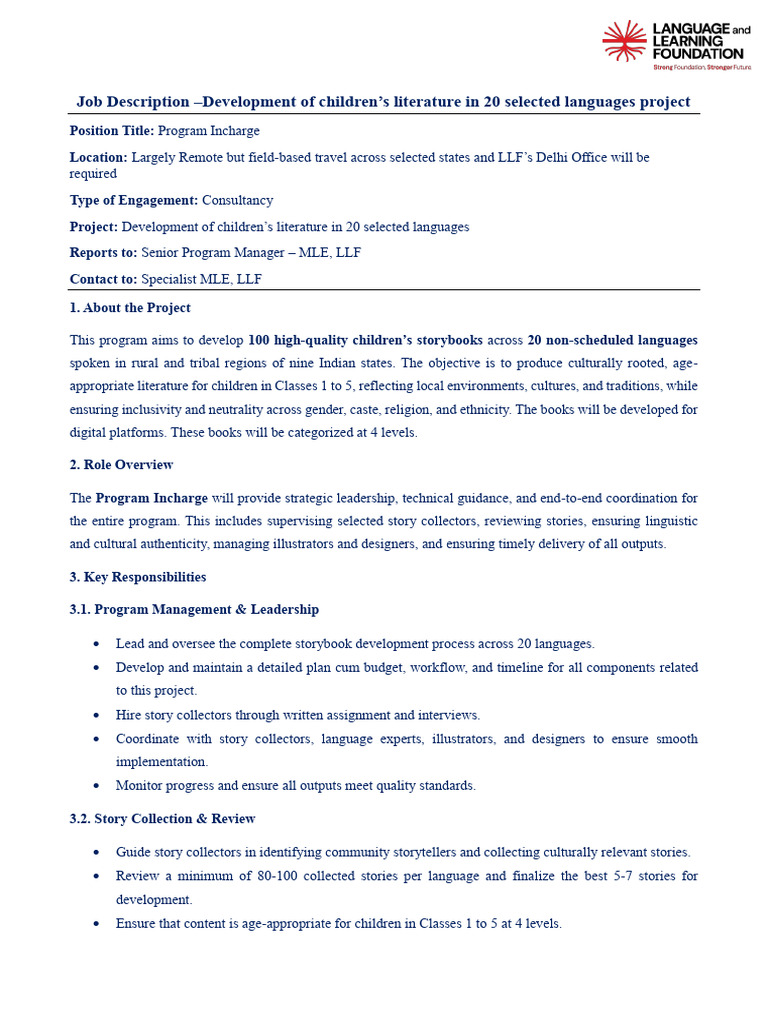 Program Incharge for Children's Literature Project | PDF | Learning ...