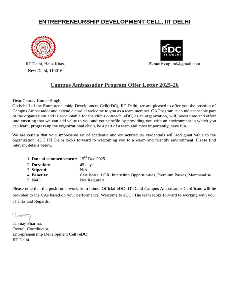 EDC Campus Ambassador Letter Gaurav Kumar Singh | PDF