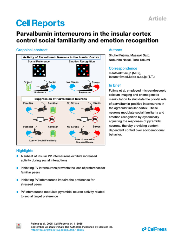Parvalbumin Interneurons in The Insular Cortex Control Social ...