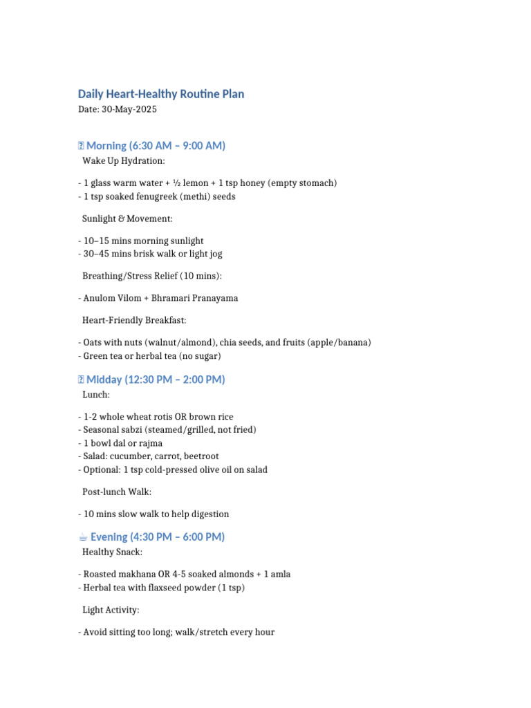 Heart-Healthy Daily Routine Plan | PDF
