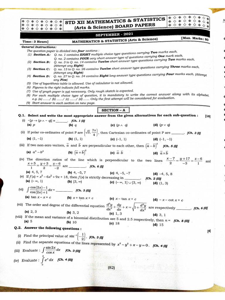 Maths Previous Year Board Question Paper | PDF