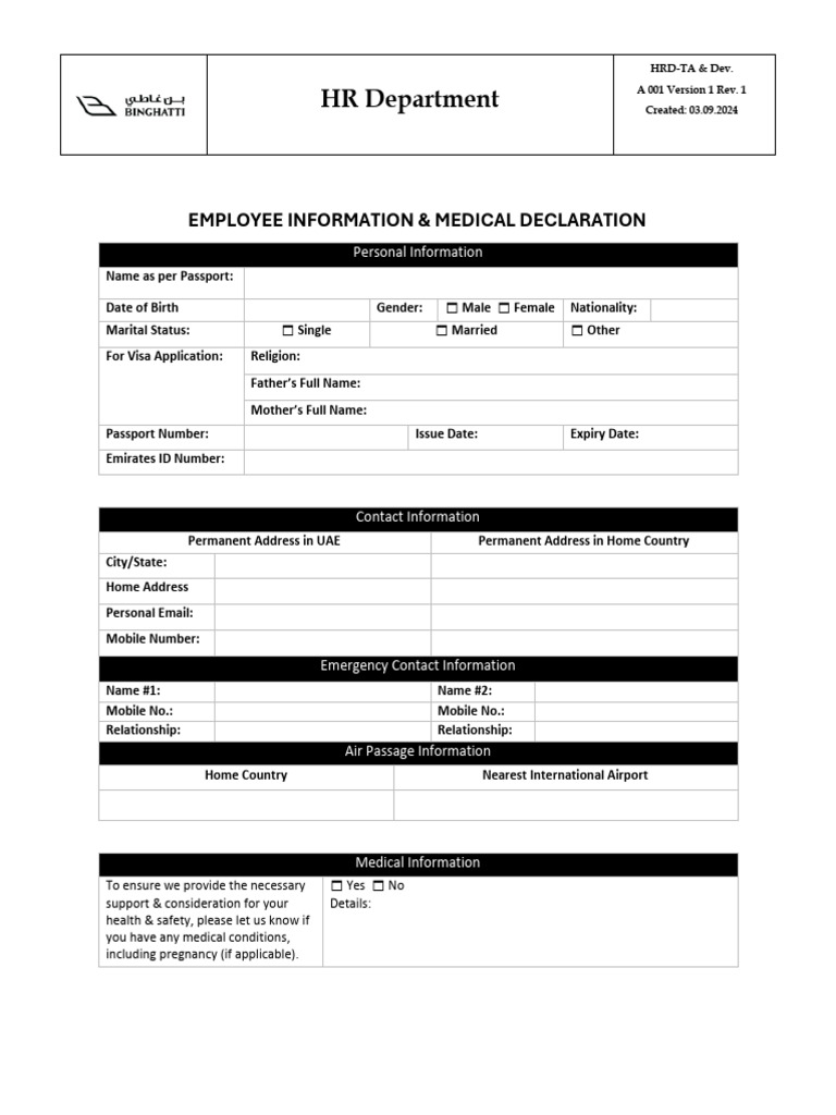 Employee Medical and Affiliation Declaration Form | PDF | Family ...
