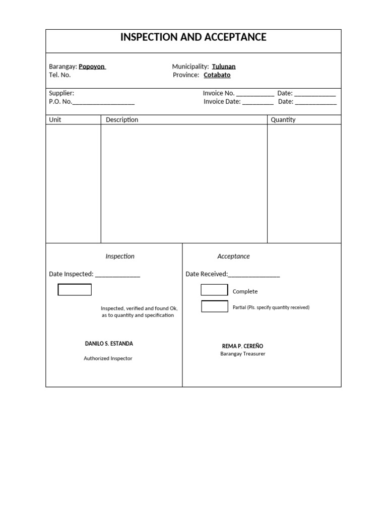 Barangay Inspection and Acceptance Form | PDF