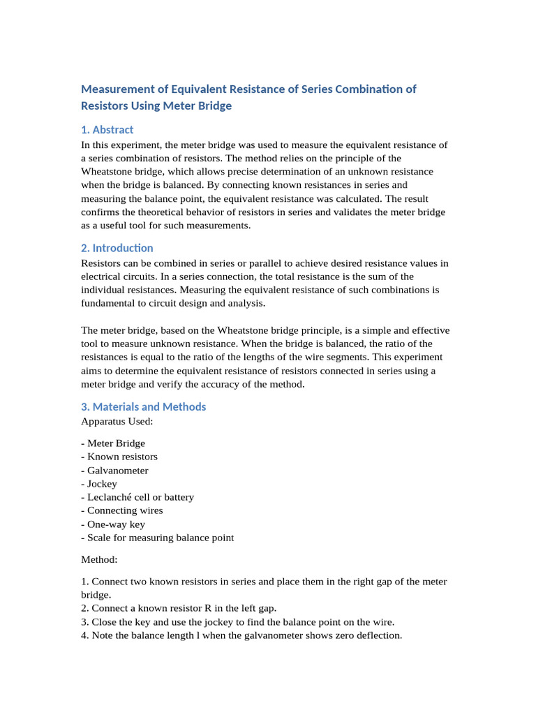 Meter Bridge Resistance Report | PDF | Resistor | Electrical Engineering