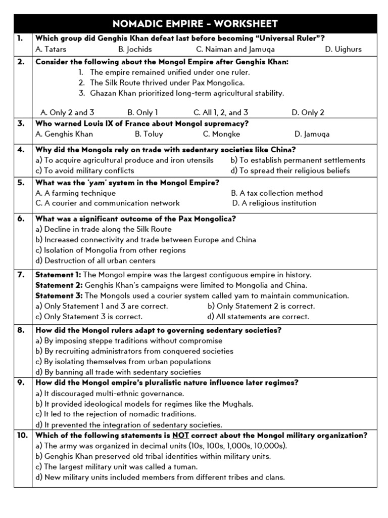 History Nomadic Empire Worksheet | PDF | Mongol Empire | Genghis Khan