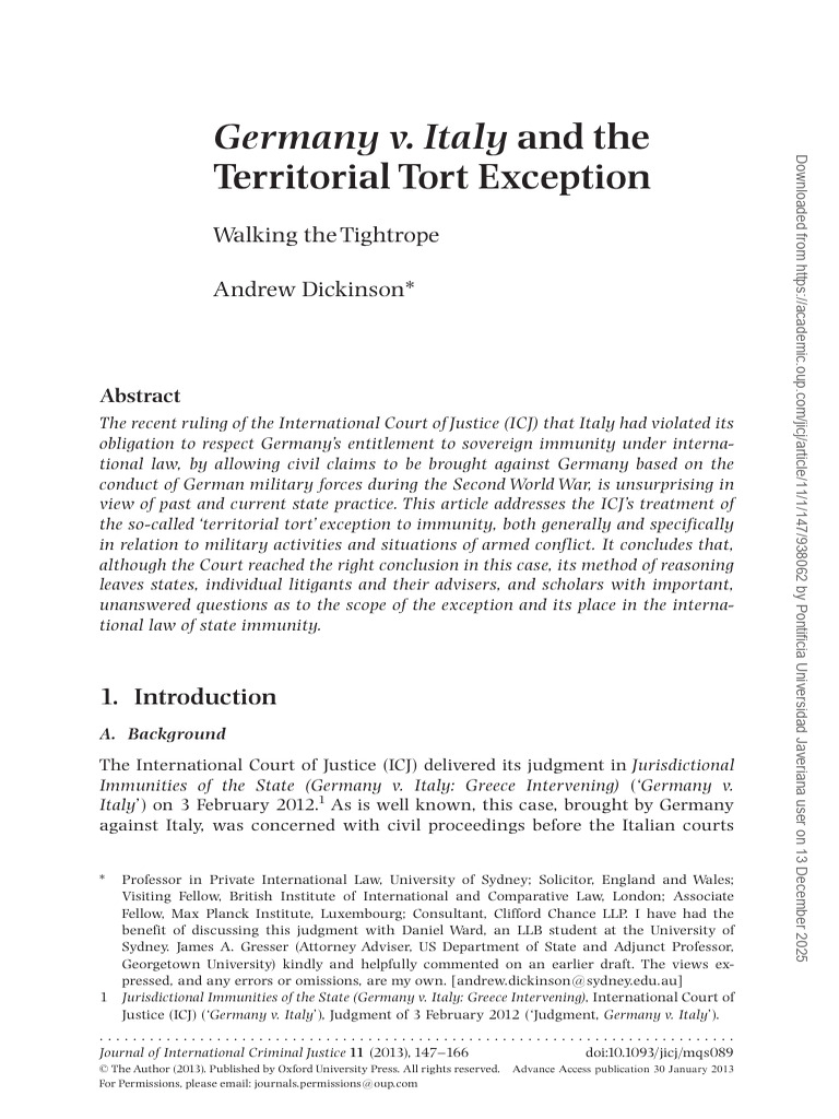 Dickinson, Italy v. Germany Territorial Tort Exception | PDF ...