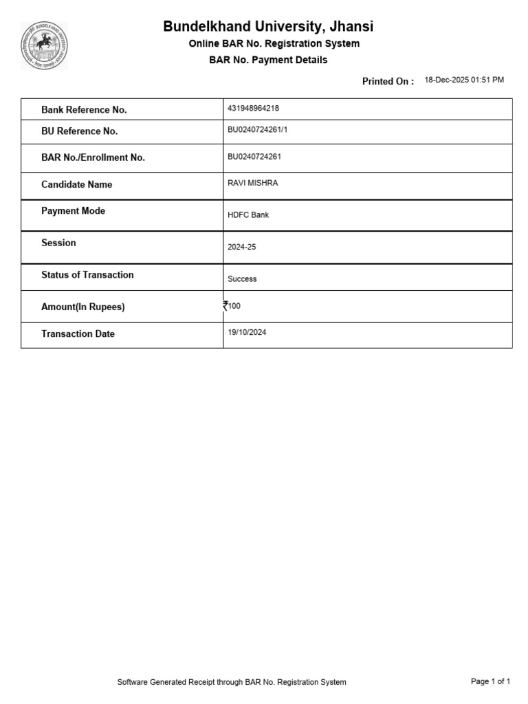 Bundelkhand University BAR No. Registration | PDF