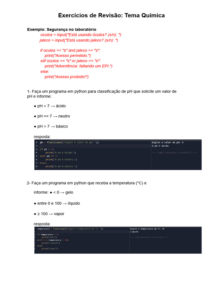 Exercícios em Python Tema_ Química) | PDF | Química