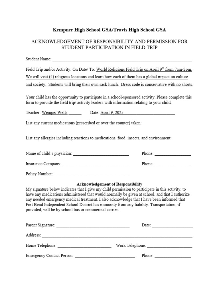 Field Trip Permission Form for World Religions | PDF