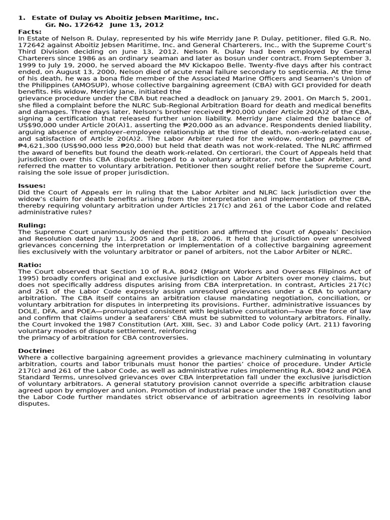 Labor Relations Case Digest | PDF | Employment | Arbitration