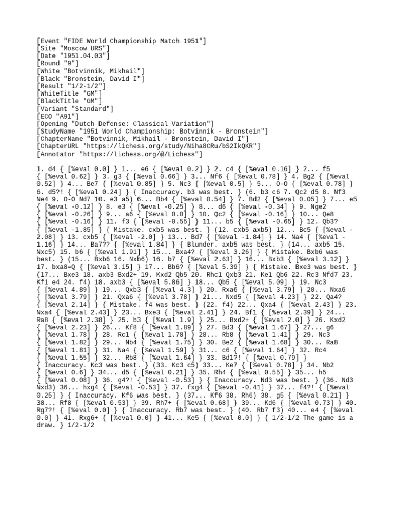1951 World Chess Championship Draw: Botvinnik vs Bronstein | PDF ...