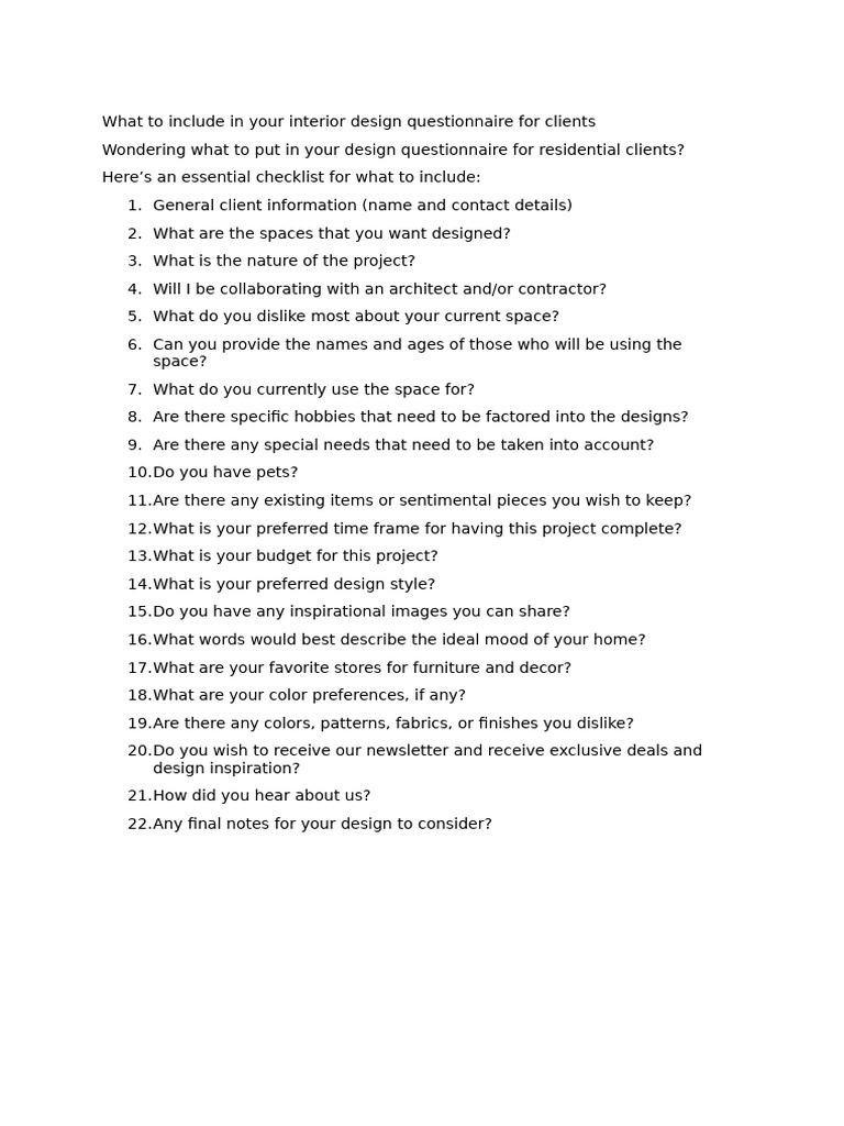 Essential Interior Design Questionnaire Tips | PDF