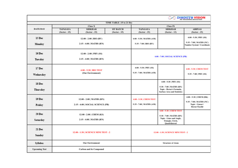 Time Table_15 to 21 Dec | PDF | Elementary Mathematics | Elementary ...