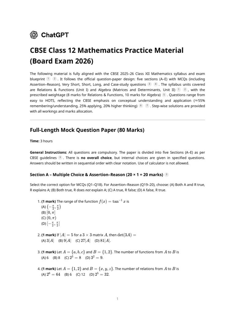 CBSE Class 12 Mathematics Practice Material (Board Exam 2026) | PDF ...