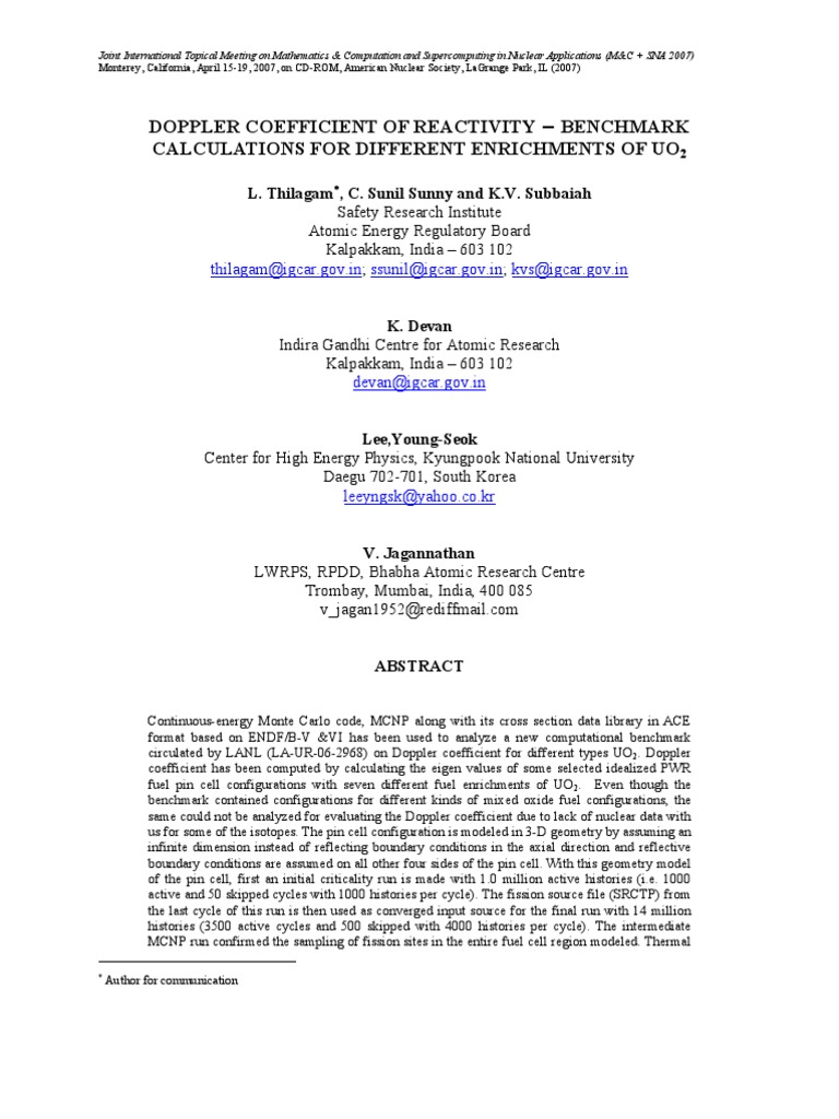Doppler Coefficient of Reactivity - Benchmark Calculations For ...