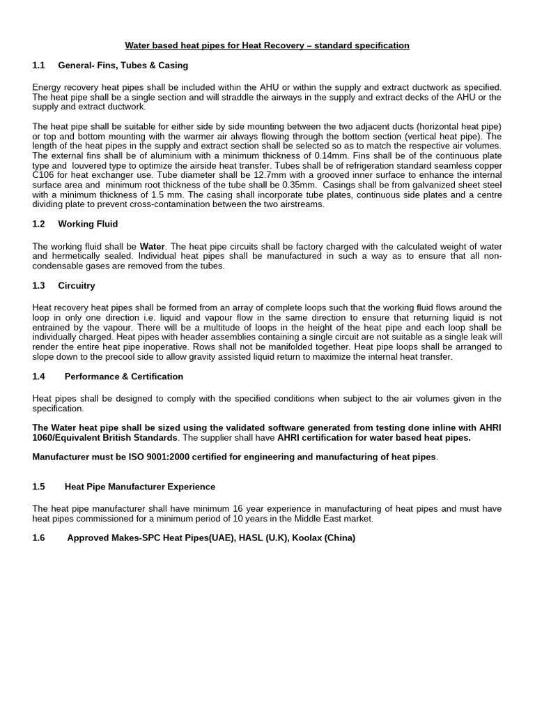 Water Heat Pipe Heat Recovery Specification | PDF | Pipe (Fluid ...