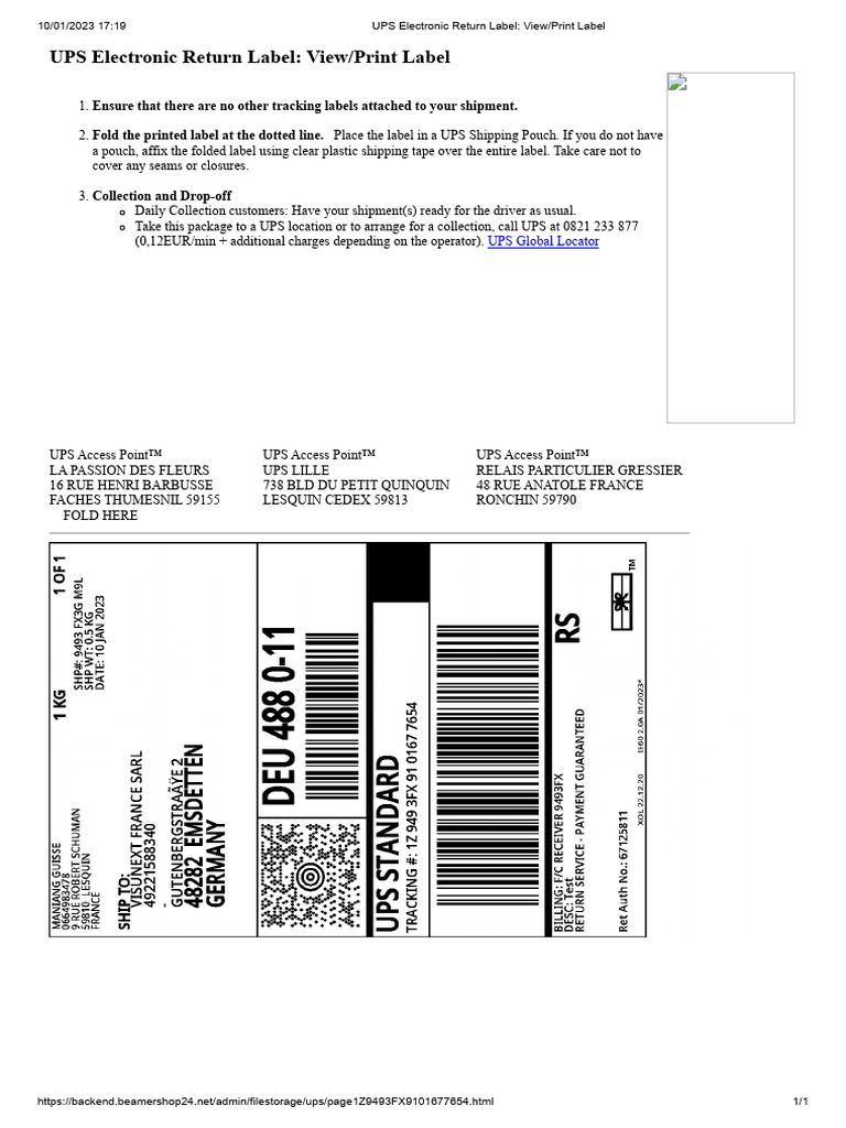UPS Electronic Return Label - View - Print Label | PDF