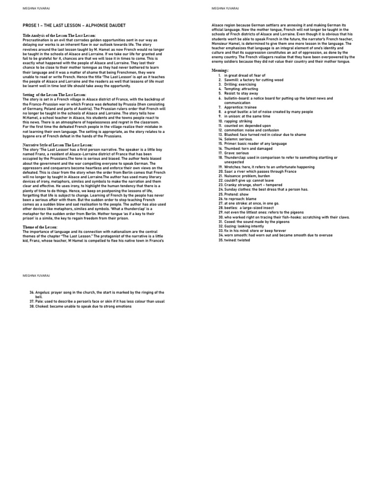 Prose 1 the Last Lesson Notes 1 | PDF