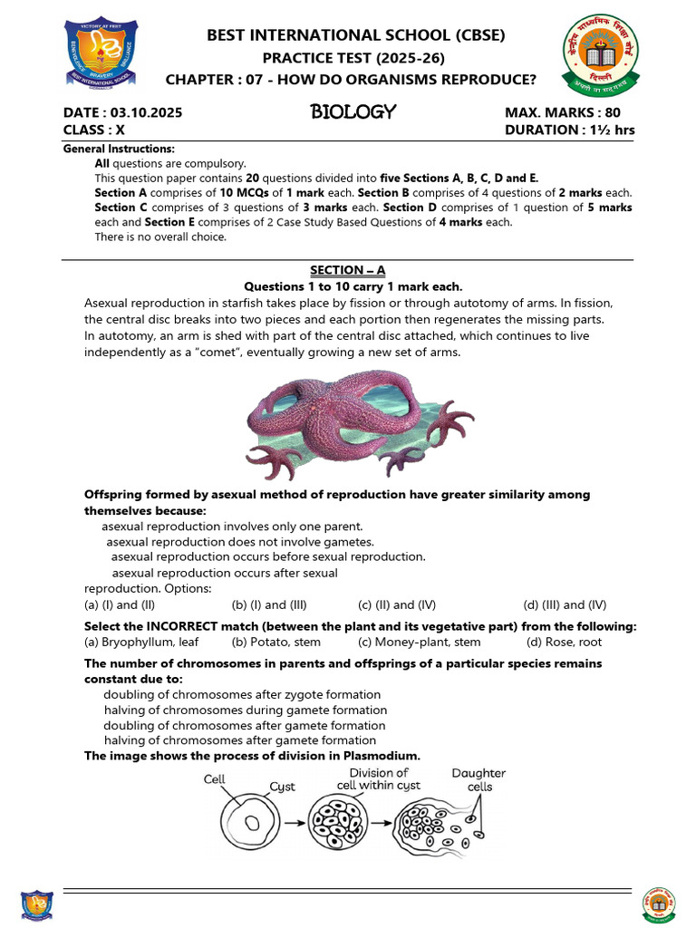 Class X Biology Reproduction Practice Test | PDF | Flowers | Reproduction