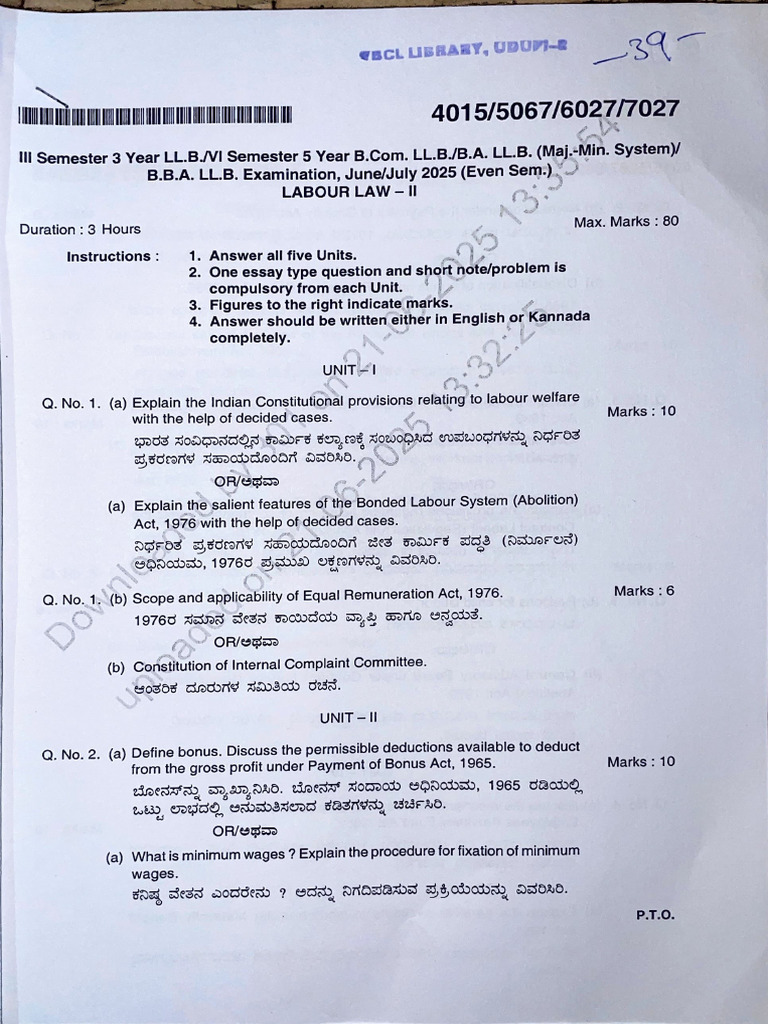 Labour Law - 2 Question Papers | PDF