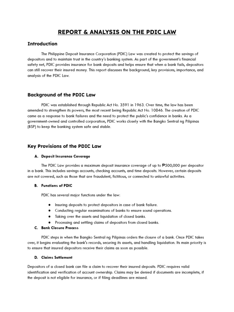 Analysis of the PDIC Law in the Philippines | PDF