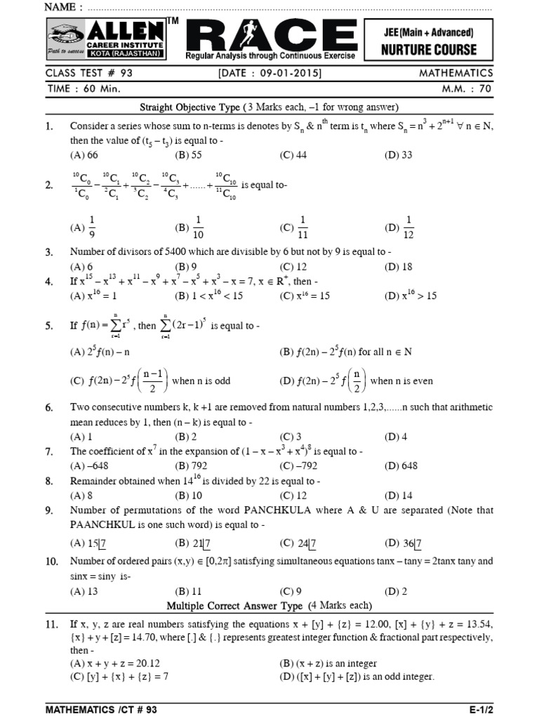 93 Class Test | PDF | Numbers | Mathematical Concepts
