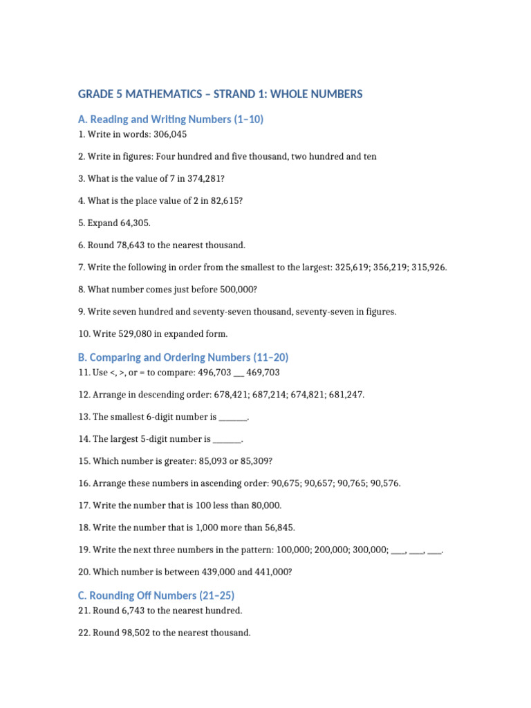 Grade 5 Whole Numbers Math Exercises | PDF