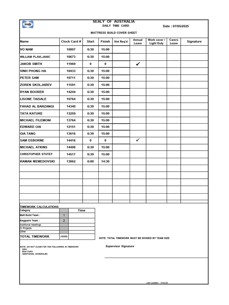 Sealy Australia Daily Time Card 07/05/25 | PDF | Mattress | Domestic ...