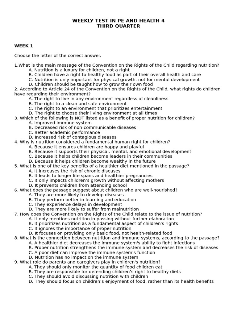 PE and Health Weekly Test: Nutrition Rights | PDF | Nutrients | Healthy ...