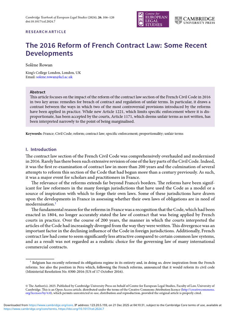 The 2016 Reform of French Contract Law Some Recent Developments | PDF ...