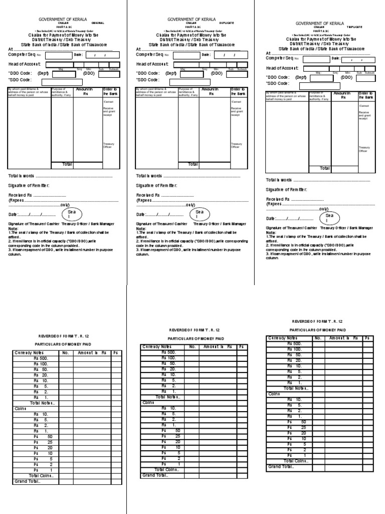 Kerala Treasury Challan Form T.R. 12 | PDF