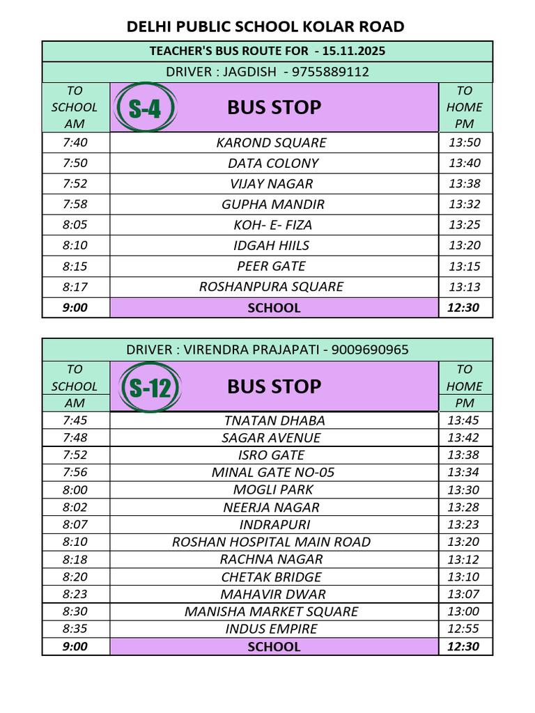 Teachers Route Bus Route for - 15.11.2025 | PDF