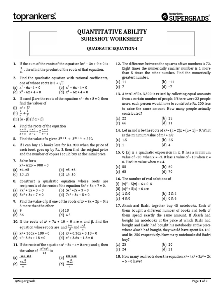 Quadratic Equations Sheet 01 - Anil Sir | PDF | Numbers | Quadratic ...