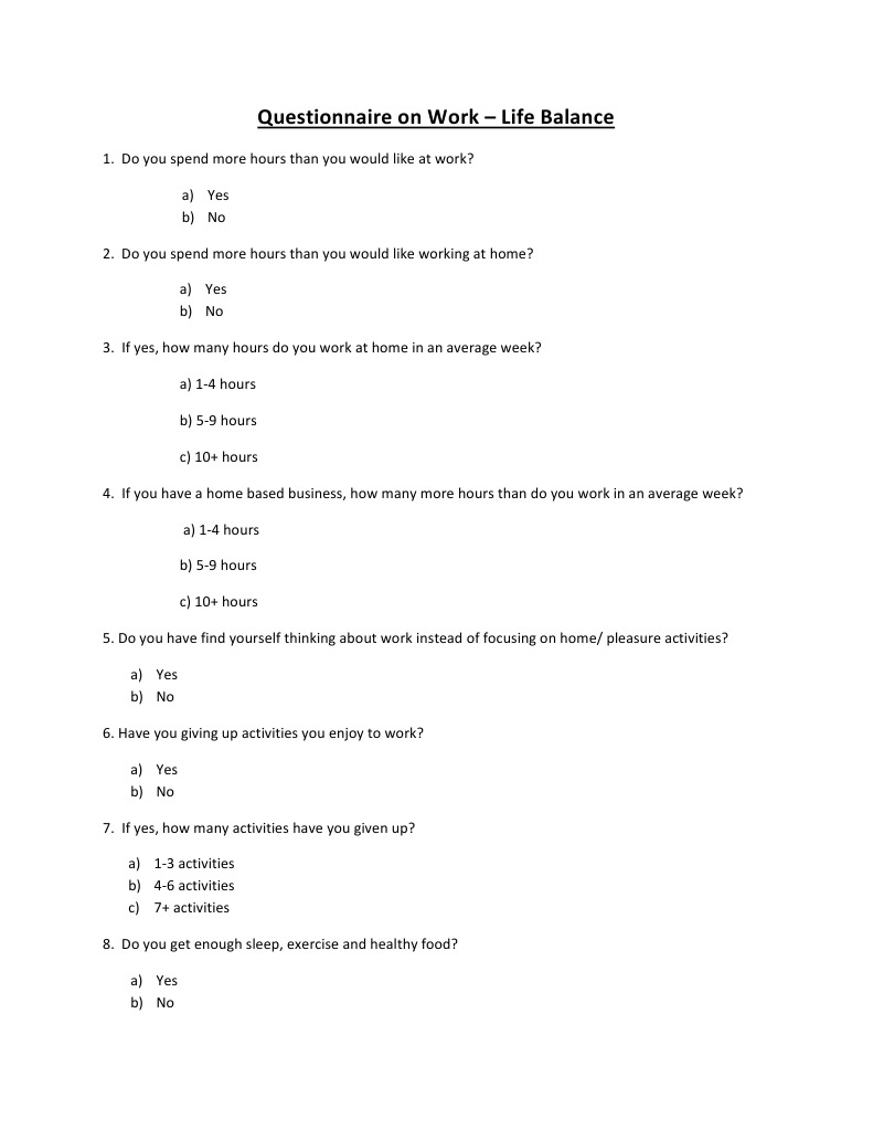 Questionnaire On Work - Life Balance | PDF | Employment | Business