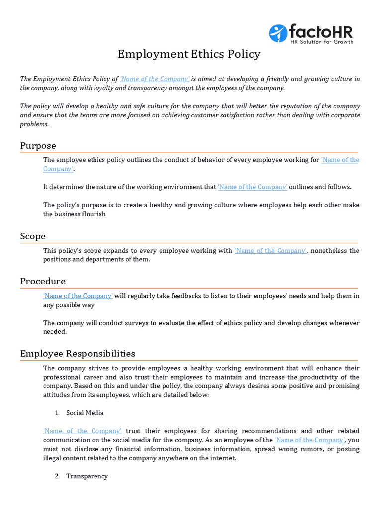 Employment Ethics Policy Overview | PDF | Employment | Reputation