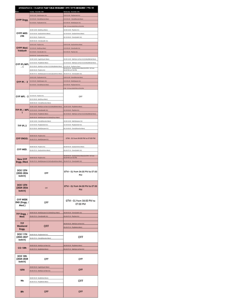 Time Table - December 16th, 2025 To December 17th, 2025 | PDF