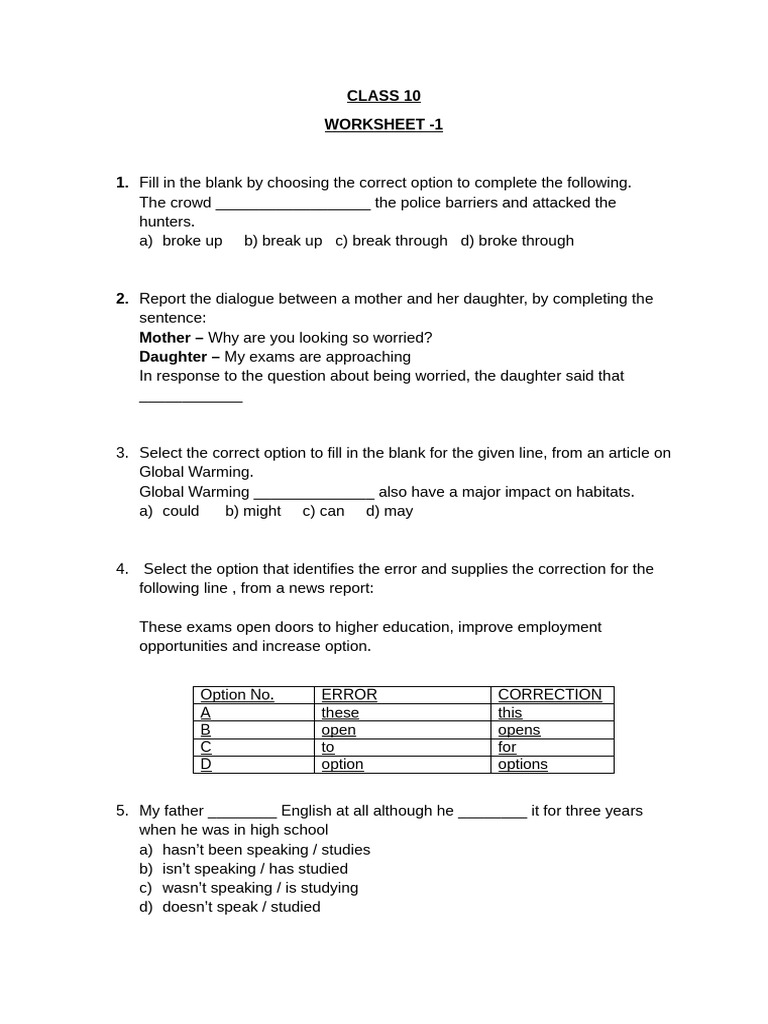 Class 10 Grammar Worksheet 2 | PDF