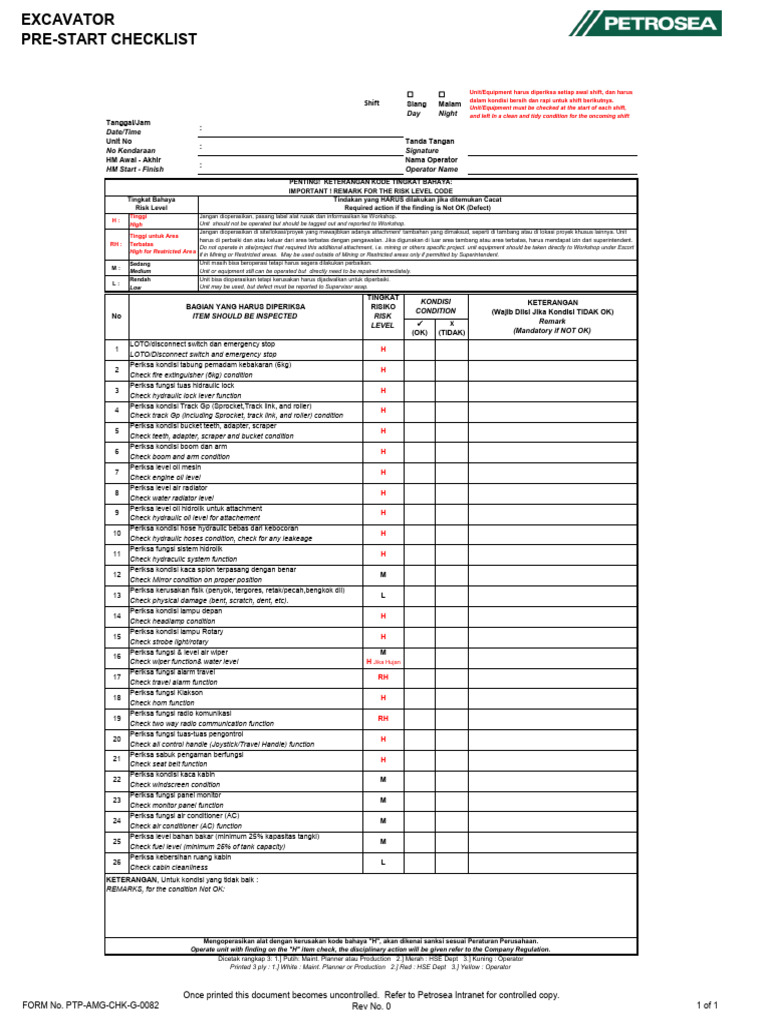 PTP AMG CHK G 0082 Prestart Checklist Excavator | PDF | Mechanical ...