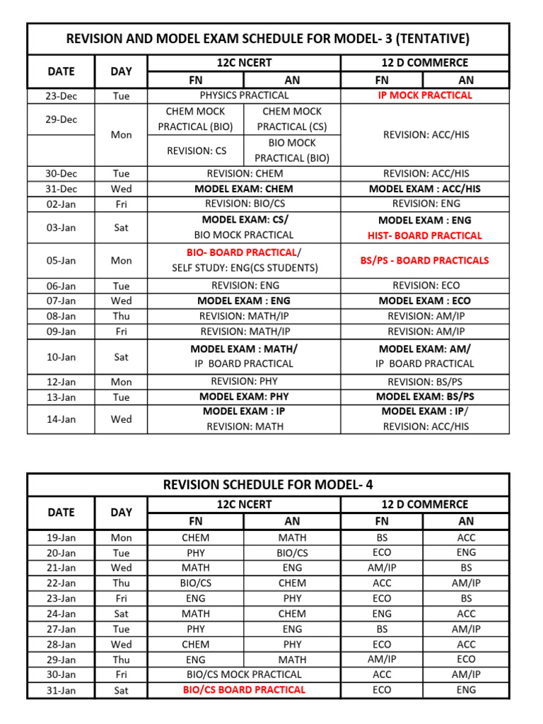 Revision and Model Exam Schedule - 25-26 | PDF