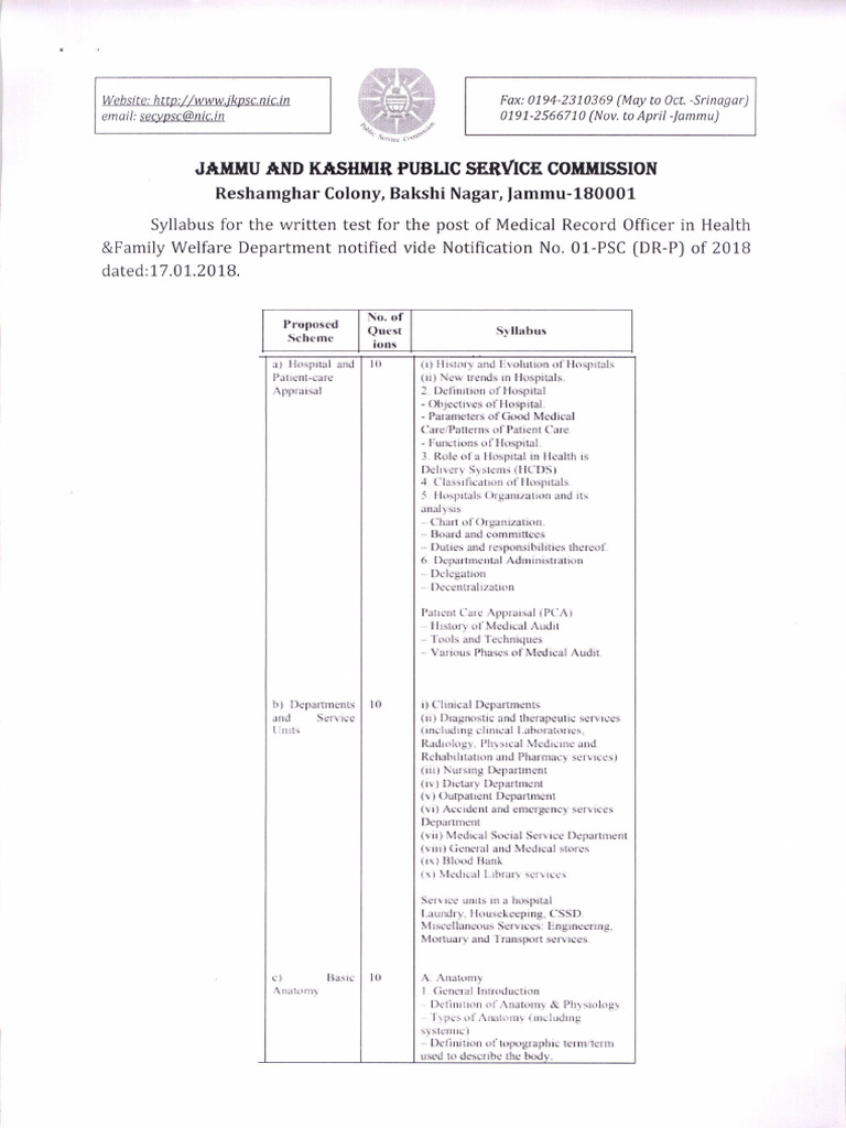 Syllabus for the Written Test for the Post of Medical Record Officer in ...