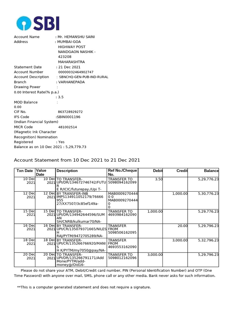 SBI Bank Statement | PDF
