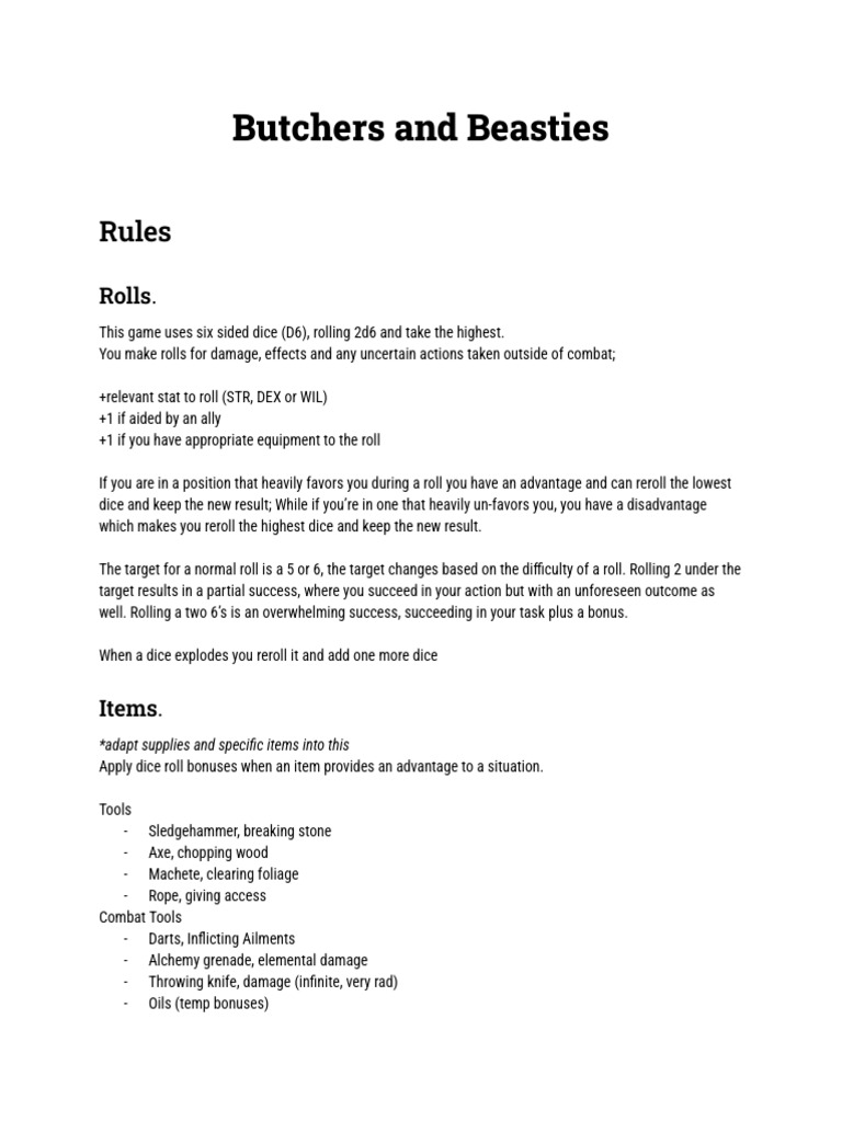 Butchers and Beasties Game Mechanics Guide | PDF
