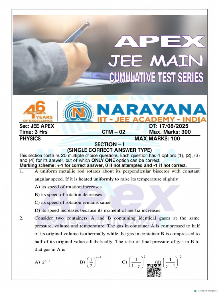 17 08 2025 - SR Iit - Jee Apex - Jee Main Model - ctm-02 - QP Final | PDF