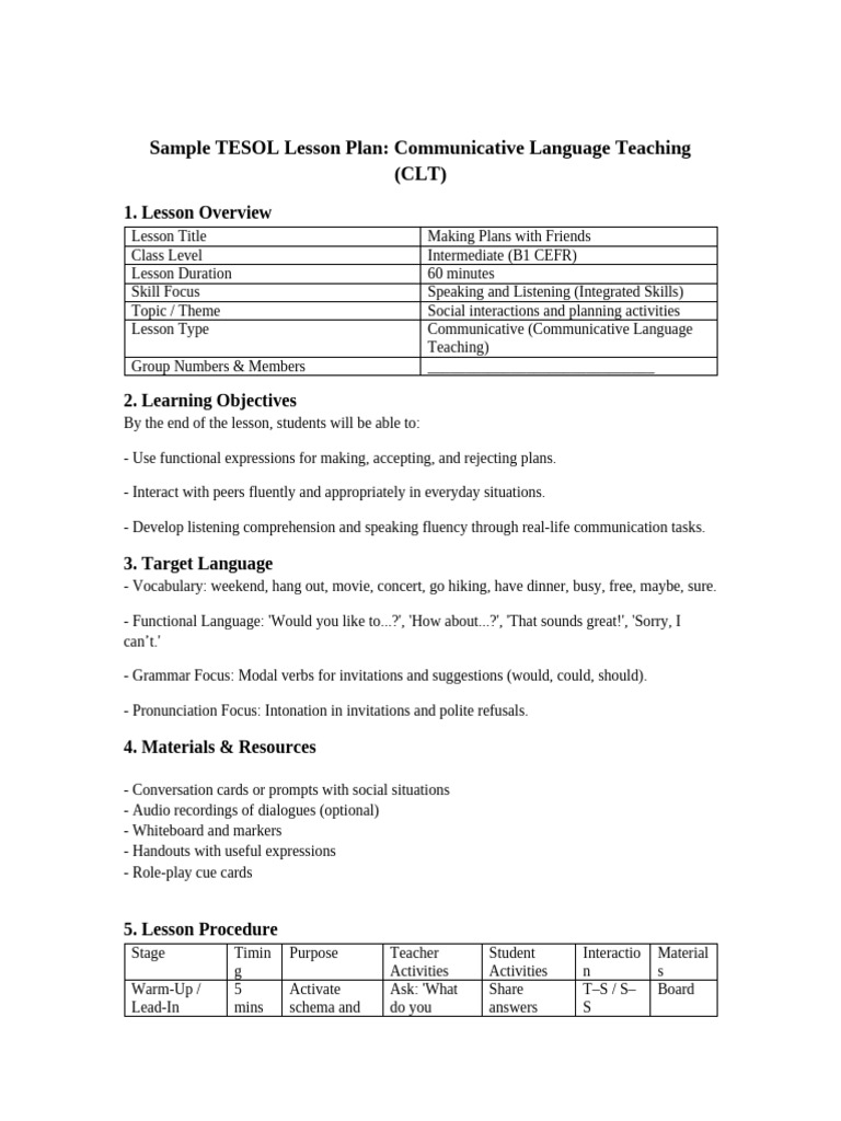 TESOL Lesson Plan: Making Plans | PDF | Communication | Reading ...